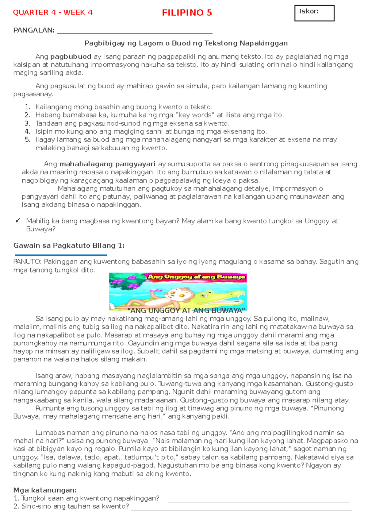 Filipino 5 Q4 WEEK 4 - Learning Activity Sheets - PANGALAN: - Studocu