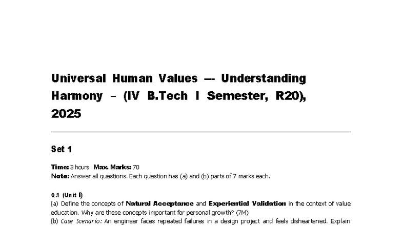 Universal Human Values (UHV) Model Paper - B.Tech I Sem, R20 - Studocu