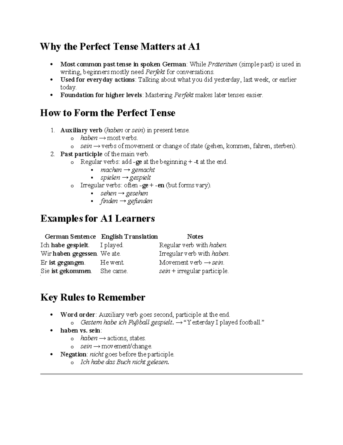Understanding the Perfect Tense in German A1: Key Rules and Usage - Studocu