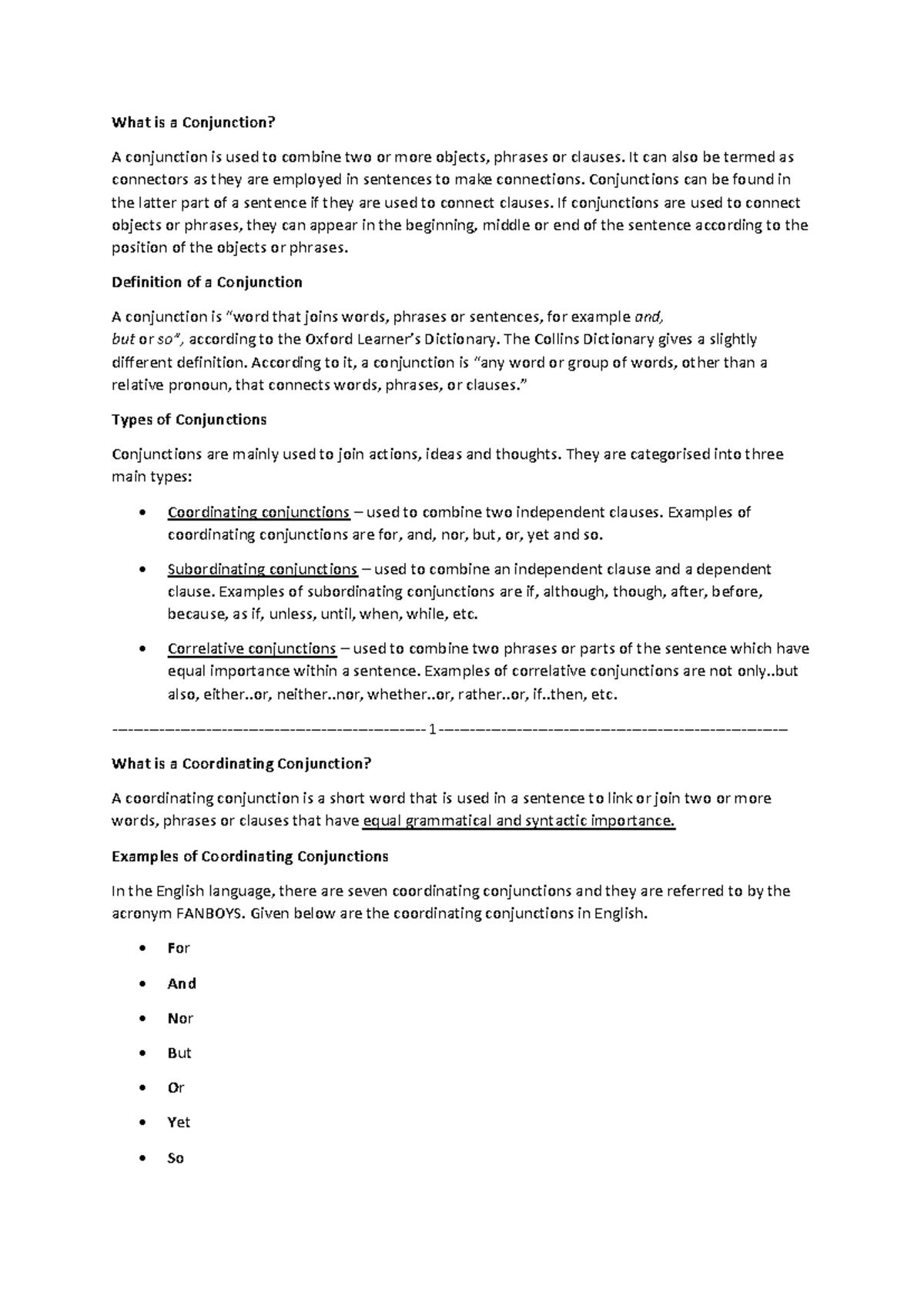 Conjunctions Overview - Final Exam Notes for BBA - Studocu