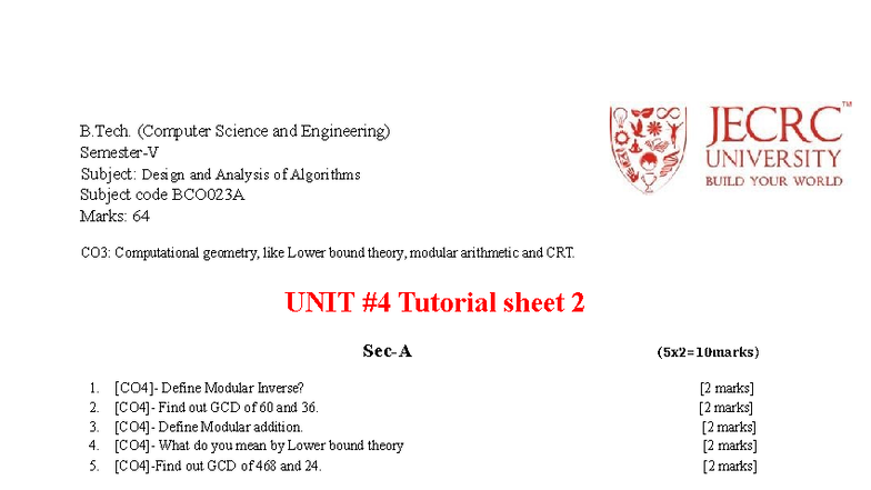 DAA Assignment 4 - Tutorial 2 - BCO023A: GCD & Algorithms - Studocu
