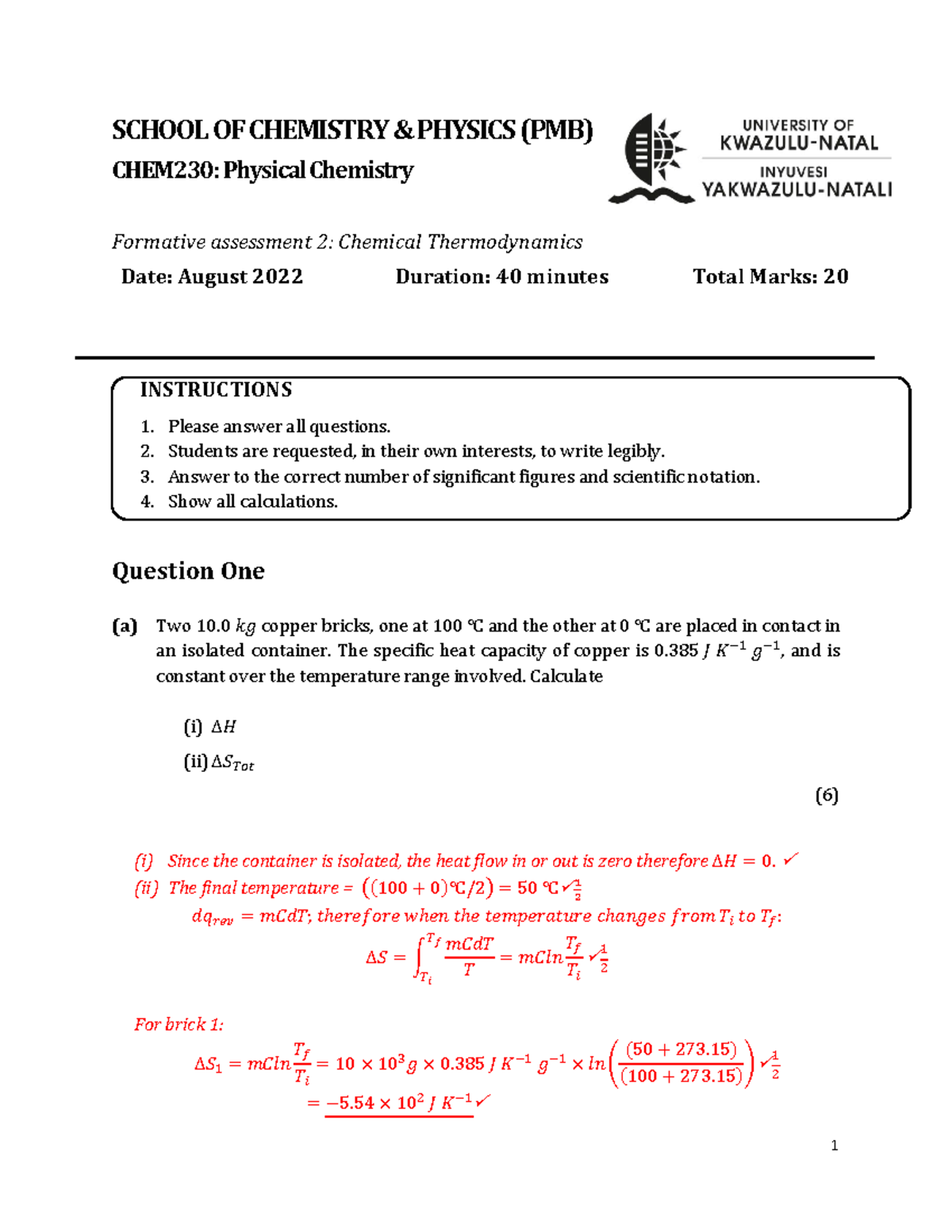 Chem230: Physical Chemistry Formative Assessment 2 Memo (Aug 2022 ...