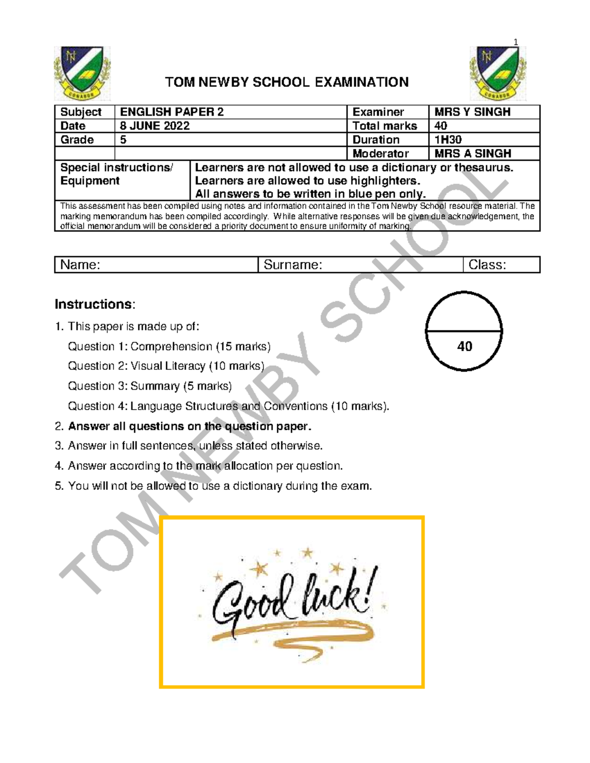 Grade 5 English Exam Paper 2 - June 2022 - Studocu