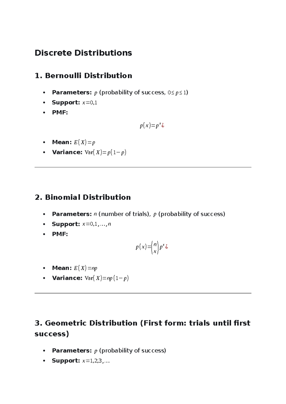 Discrete Distributions Overview: Key Formulas and Parameters - Studocu