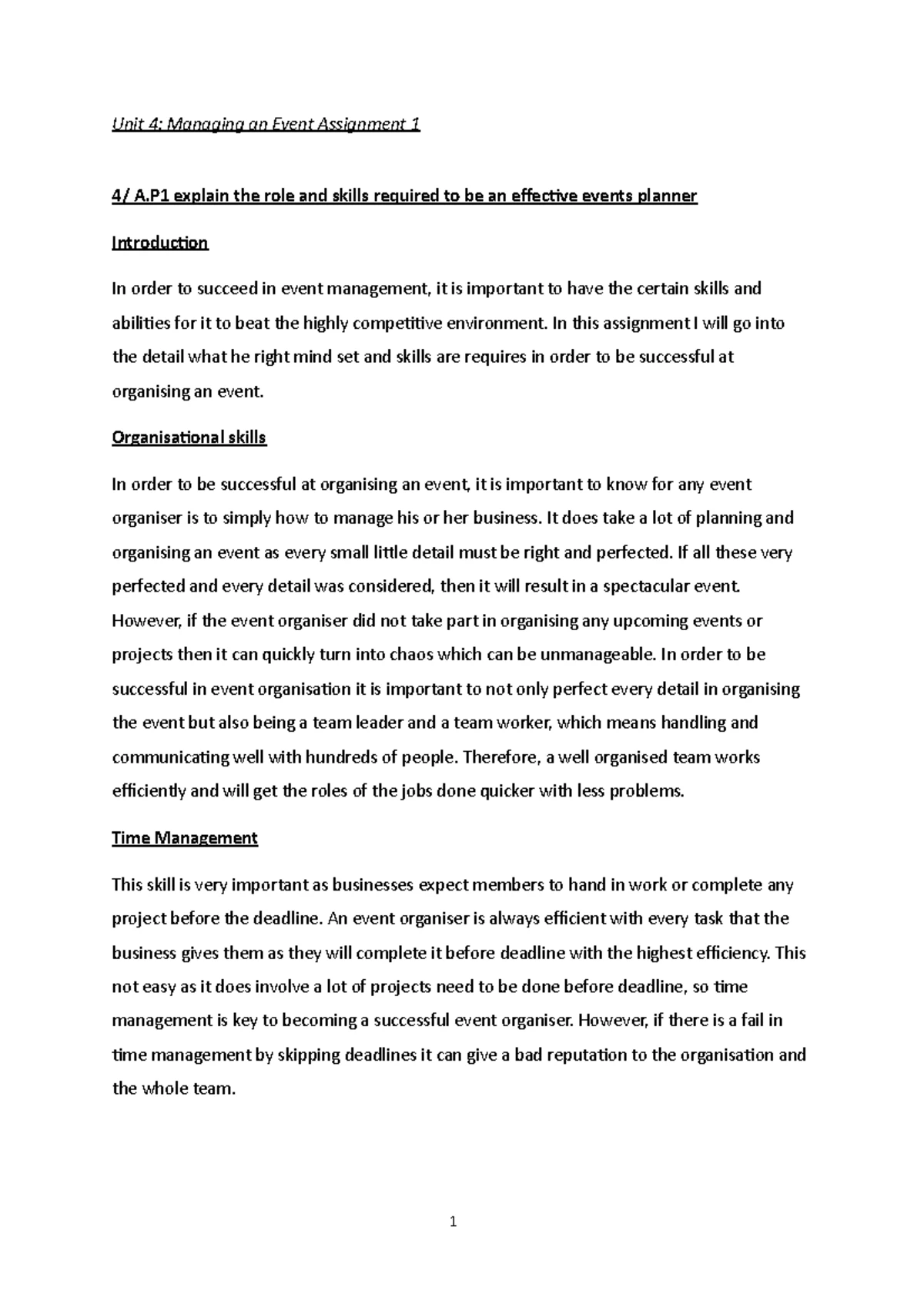 Unit 4 assignment 2 Resub - Unit 4 Managing an event assignment 2 - Jennifer Quarcoopome 255254 ...