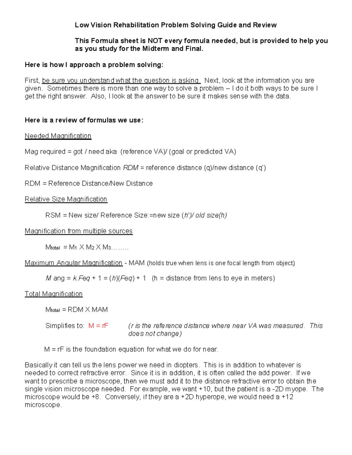 Low Vision Rehabilitation Formula Sheet for Midterm & Final Exam - Studocu