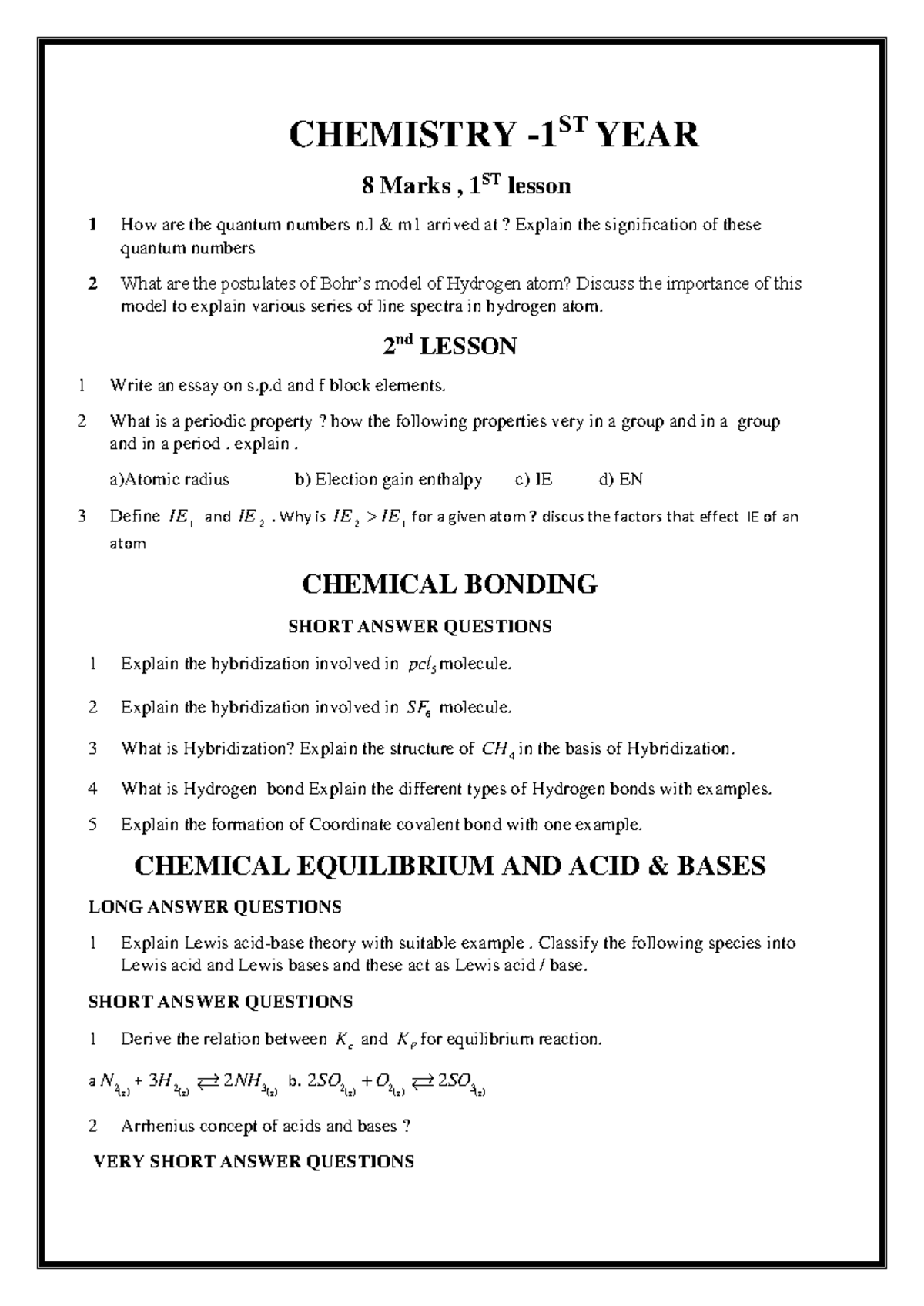 CHEMISTRY YEAR 8 Important Questions for Exam (08-01-2025) - Studocu