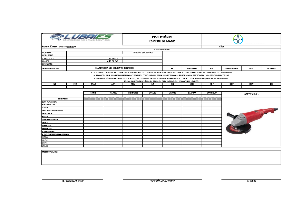 Check list pulidora Bayer - NUMERO: N° DE SERIE: CAPACIDAD: MODELO ...
