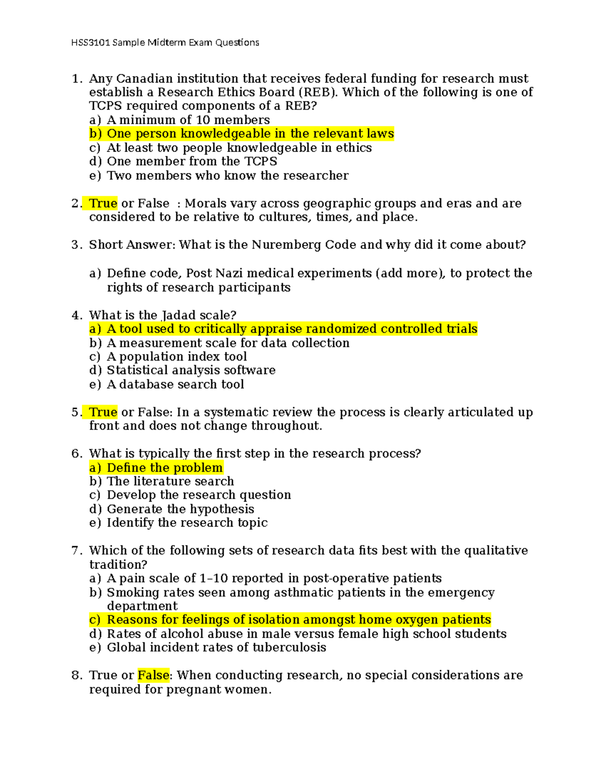HSS3101 Sample Midterm Exam Practice Questions and Answers - Studocu