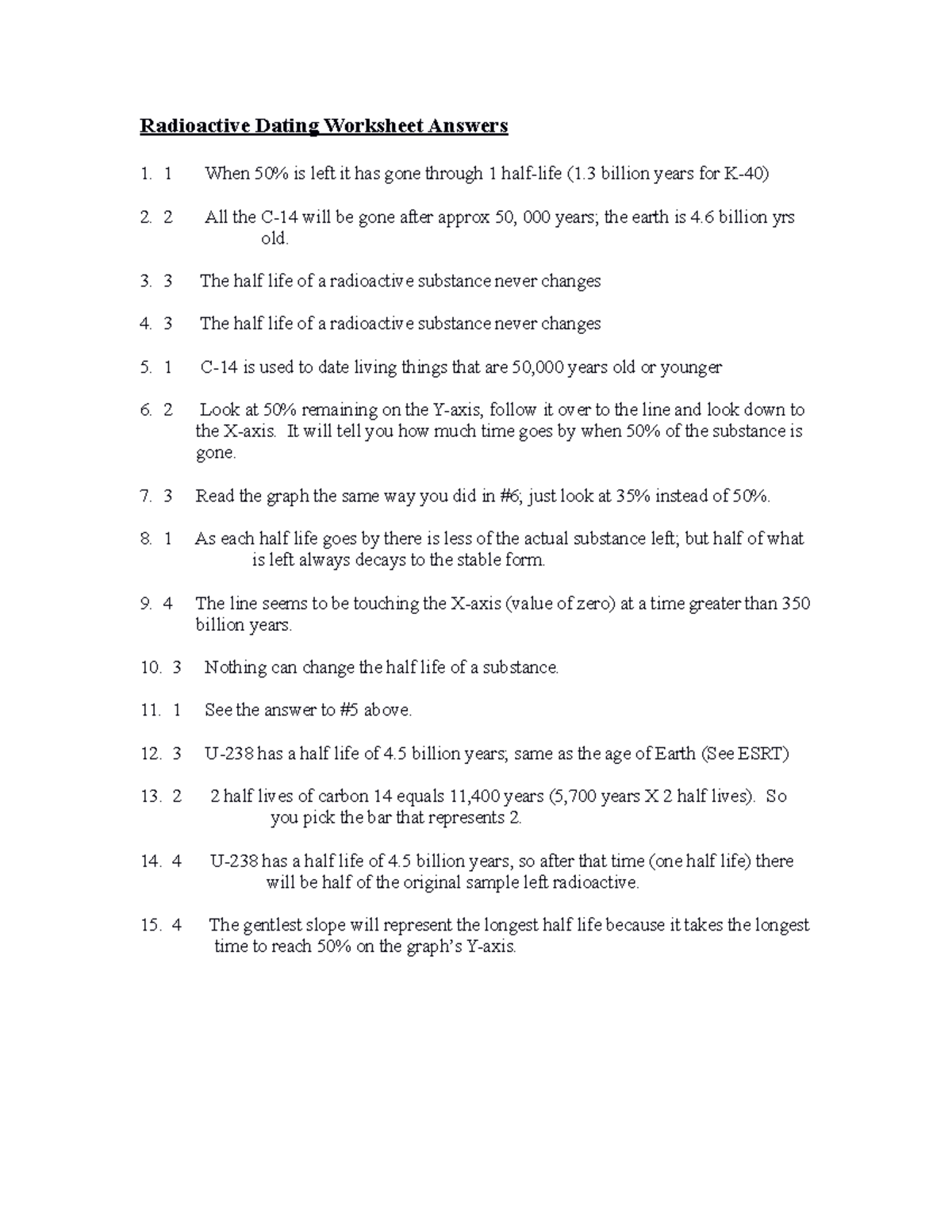Radioactive Dating Worksheet Answers - 1 When 50% is left it has gone ...
