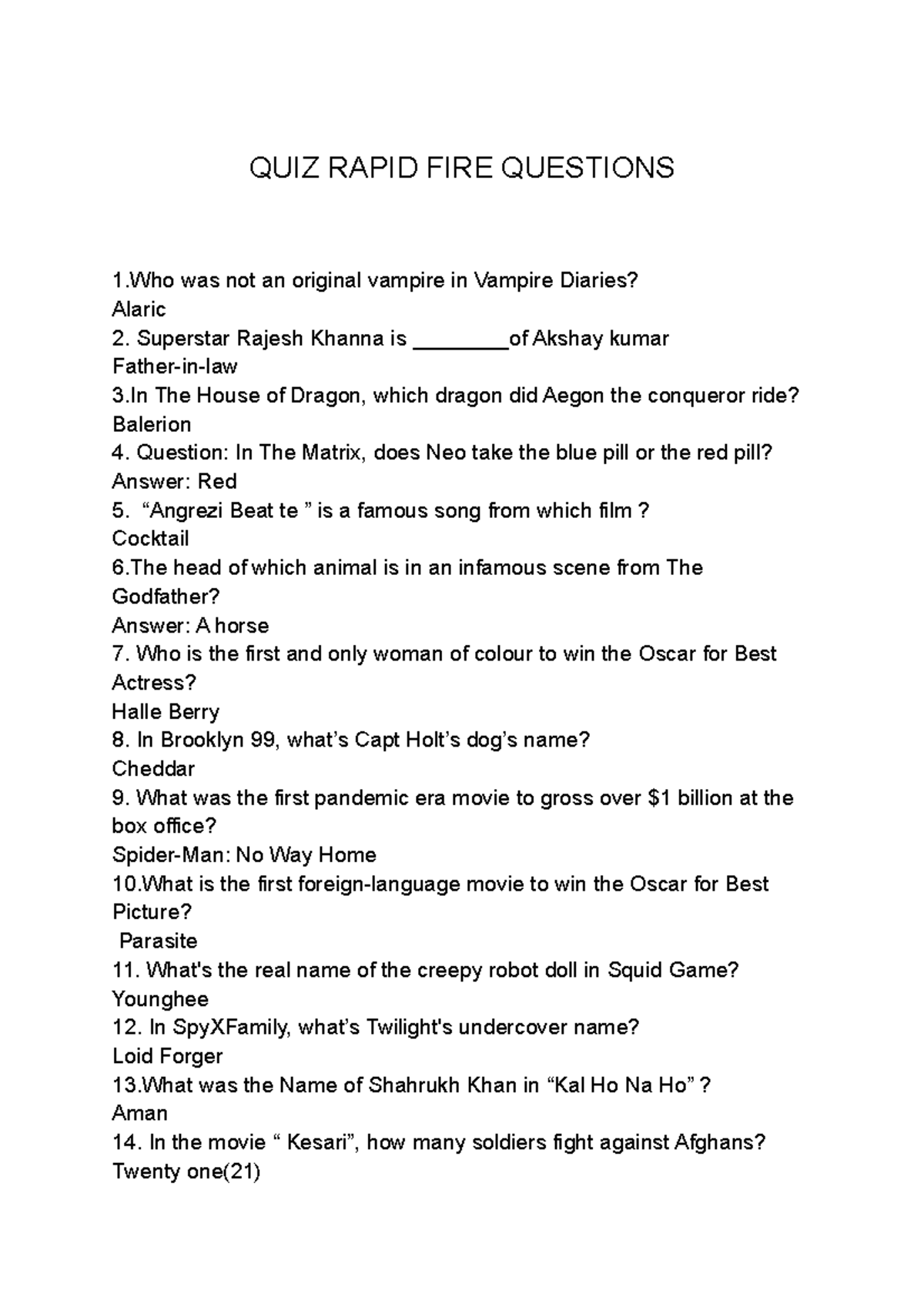 QUIZ Rapid Fire Questions & Pop Culture Trivia - Studocu