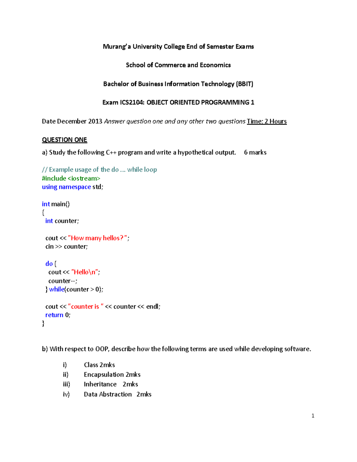 ICS2104 Final Exam: Object Oriented Programming 1 - December 2013 - Studocu
