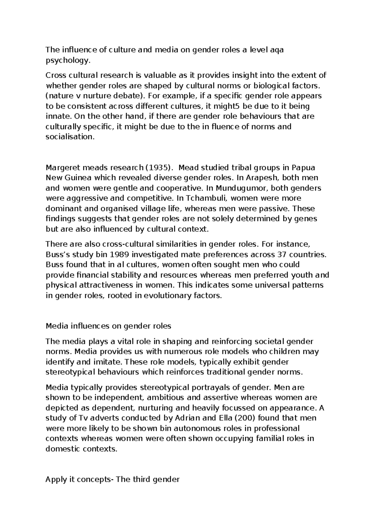 A Level AQA Psychology: Culture & Media's Impact on Gender Roles - Studocu