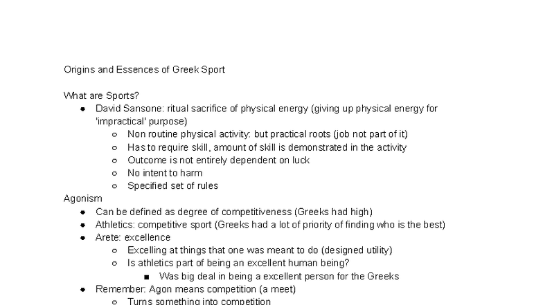 CLAS 2300 - Lecture 1: Origins and Definitions of Greek Sport - Studocu
