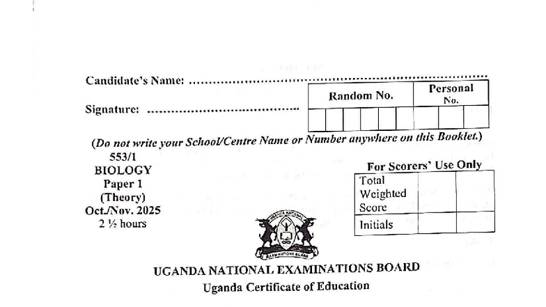 UNEB UCE Biology Paper 1 Exam 2025 - Theory Questions and Tasks - Studocu