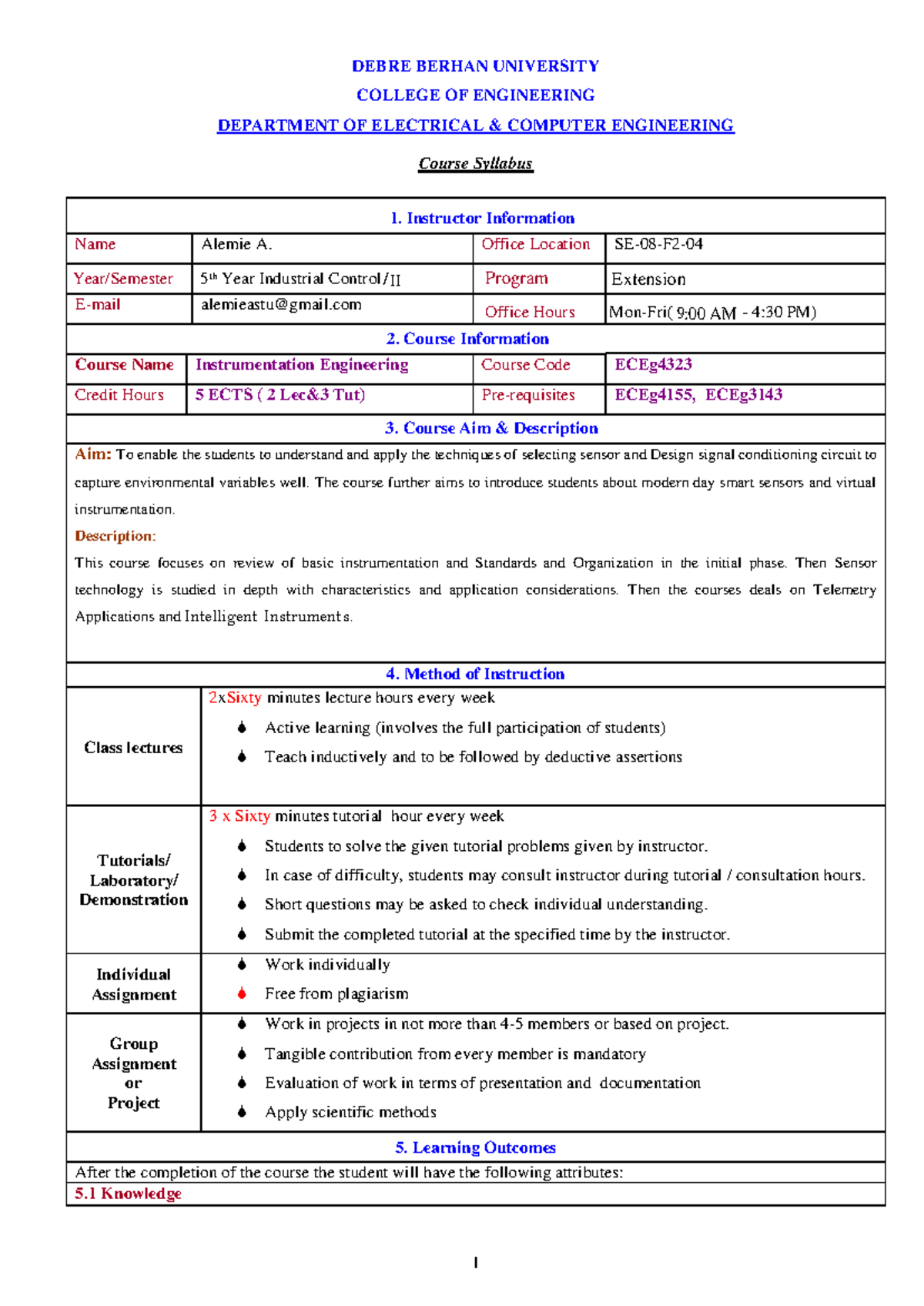 Instrumentation Enginering Course Outline (EXT) - DEBRE BERHAN ...