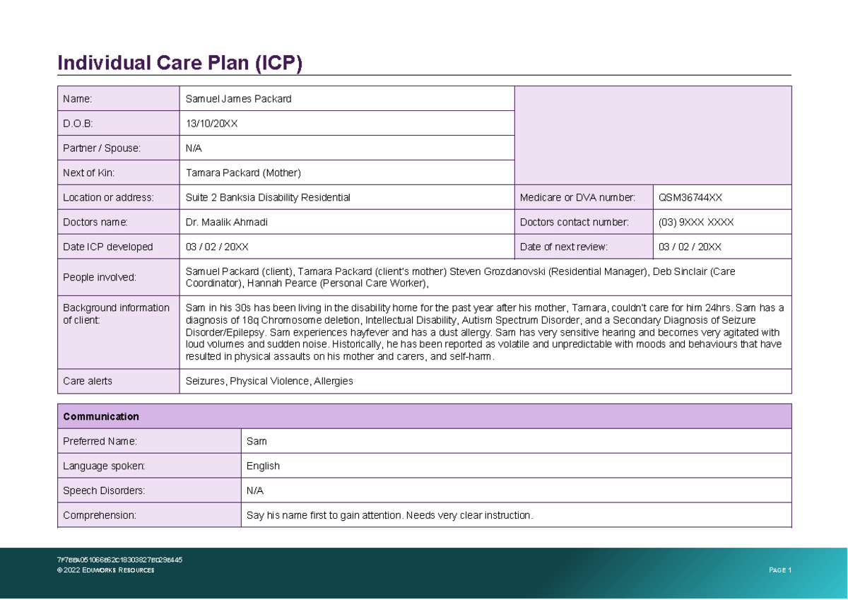 CHCCCS 031 Individual Care Plan for Samuel Packard - Version 1.0 - Studocu