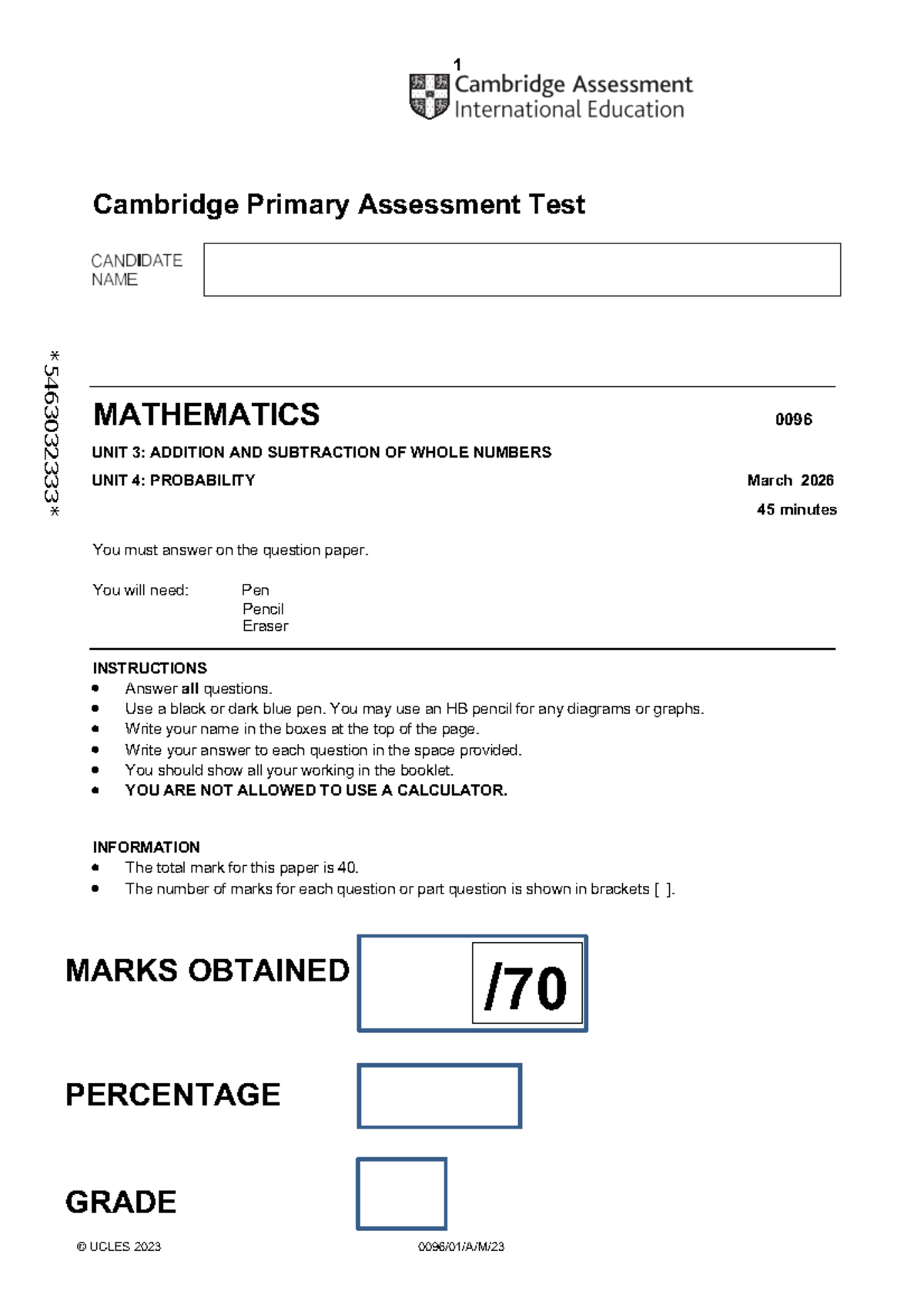 0096 Mathematics Unit 3 & 4 Test: Addition, Subtraction & Probability ...