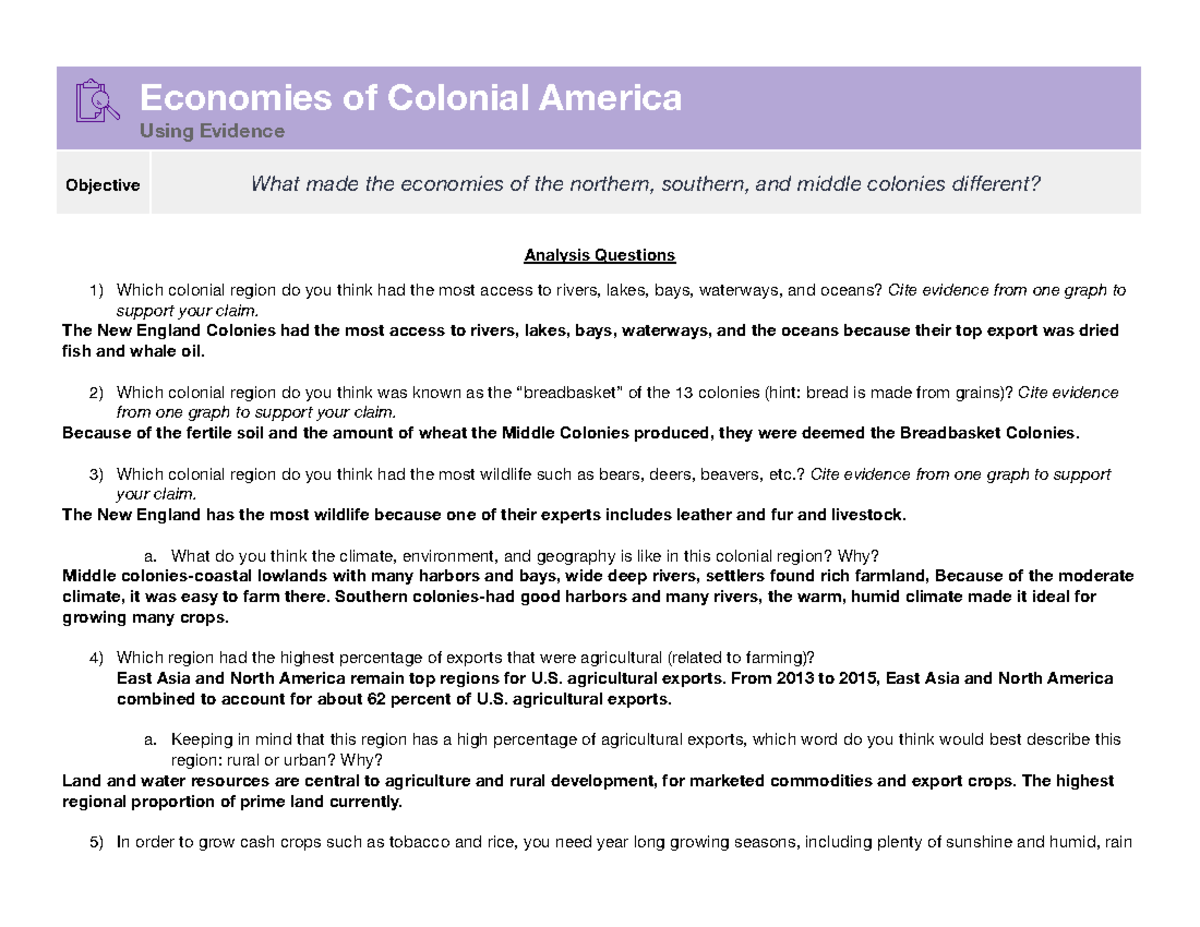 English) Analysis-Economies Of Colonies - Economies of Colonial America ...