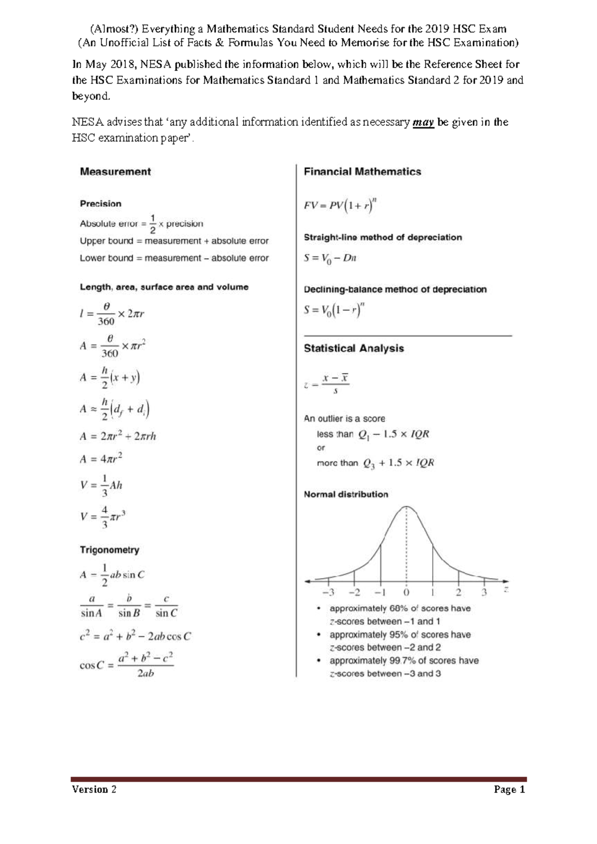 Mathematics Standard 1 & 2: Essential Formulas for HSC 2019 Exam - Studocu