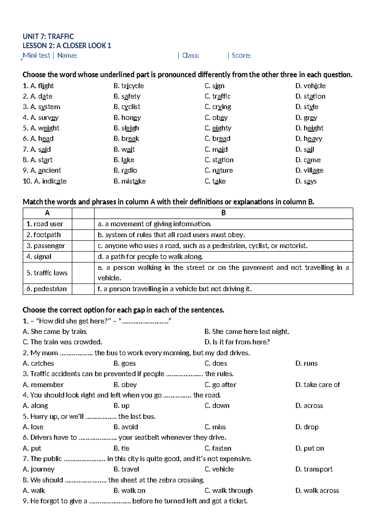 G7 Unit 7 Lesson 2: Traffic Mini Test (No Keys) - Studocu