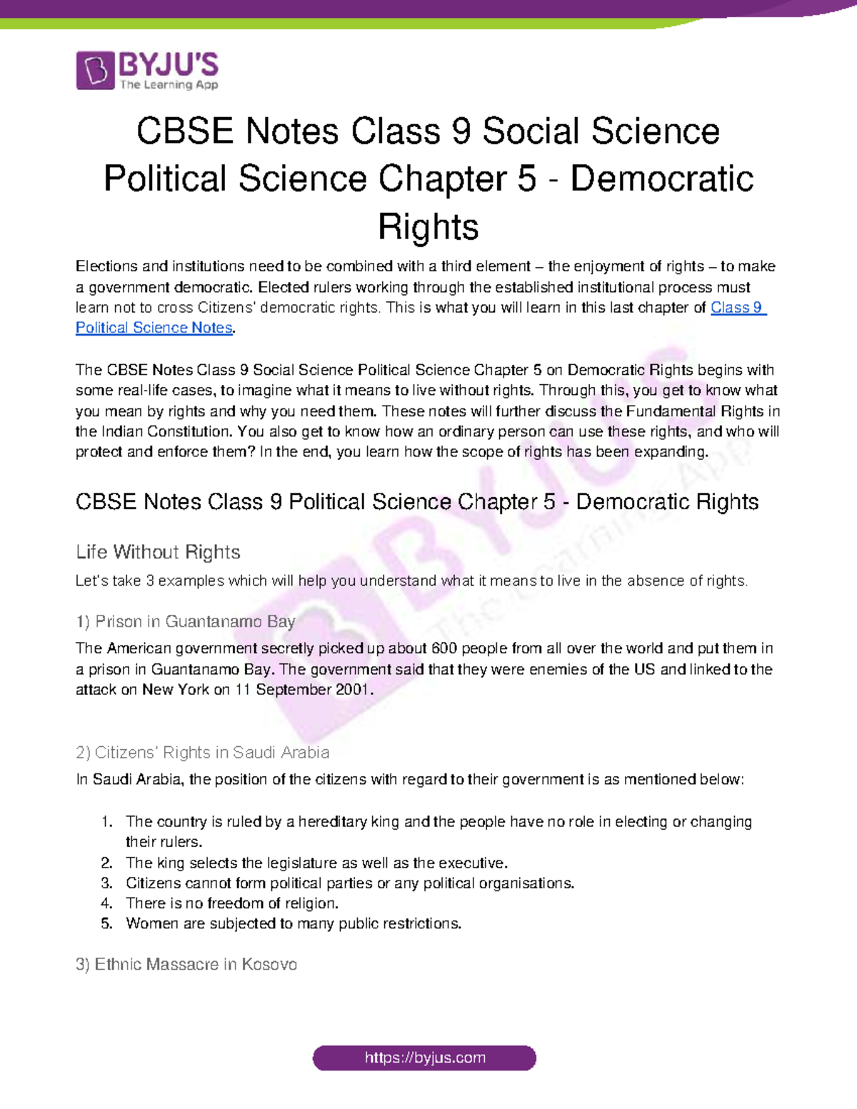 CBSE Class 9 Political Science Notes: Chapter 5 - Democratic Rights ...