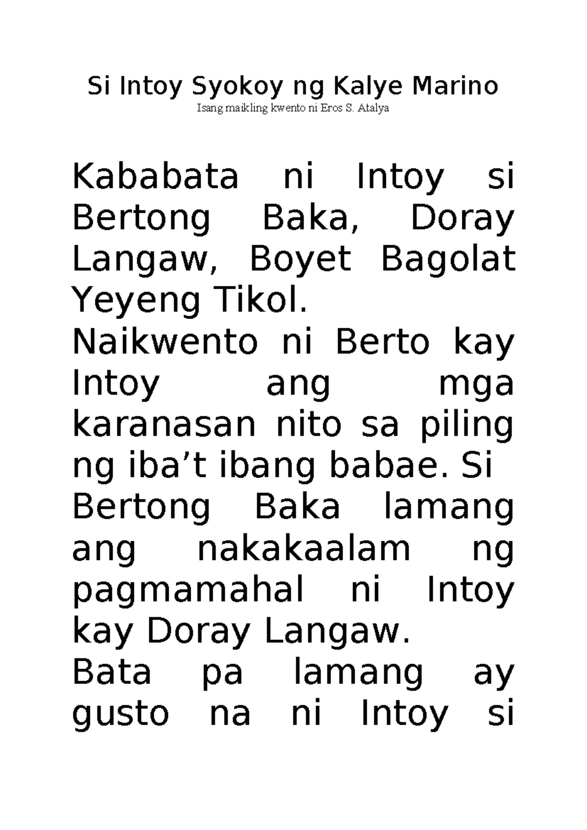 Sinopsis ng Kwentong "Si Intoy Syokoy ng Kalye Marino" - Studocu