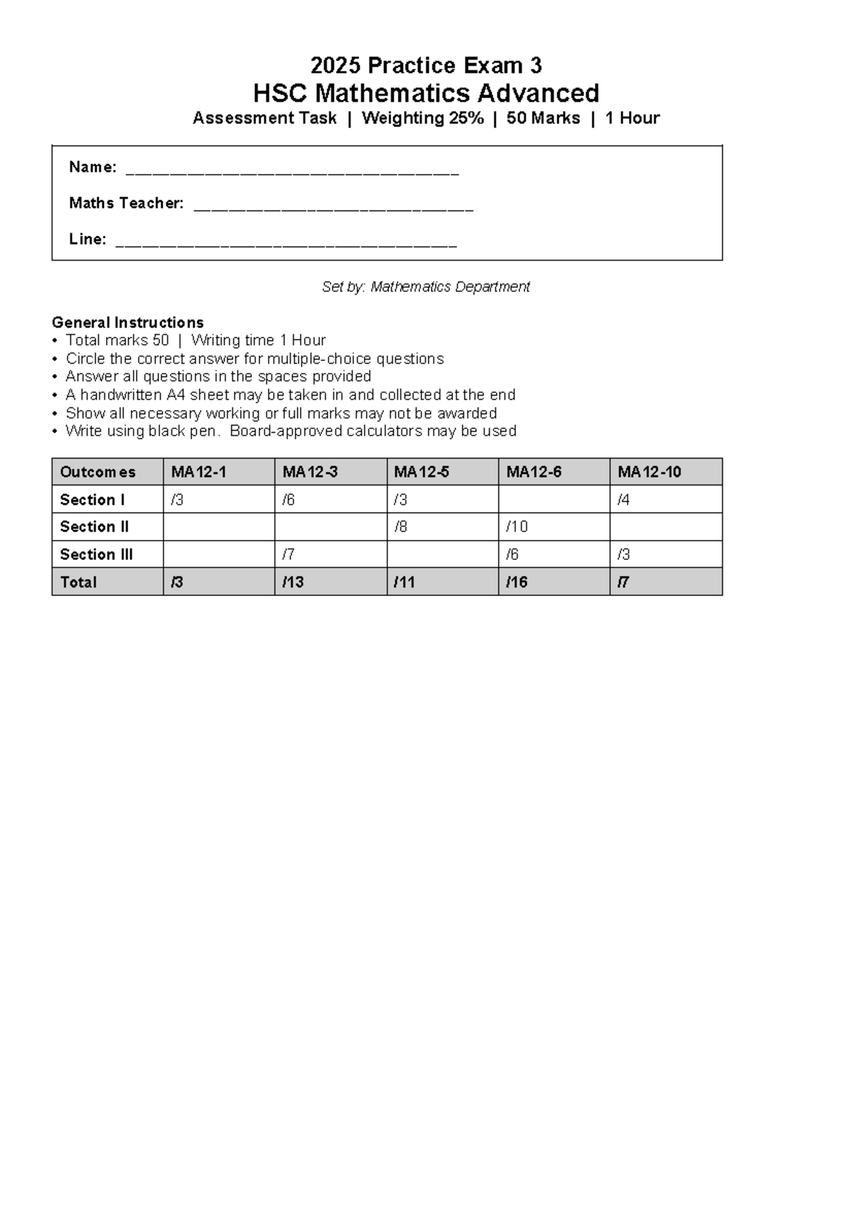 2025 MA121/MA125 Practice Exam 3 - HSC Mathematics Advanced - Studocu