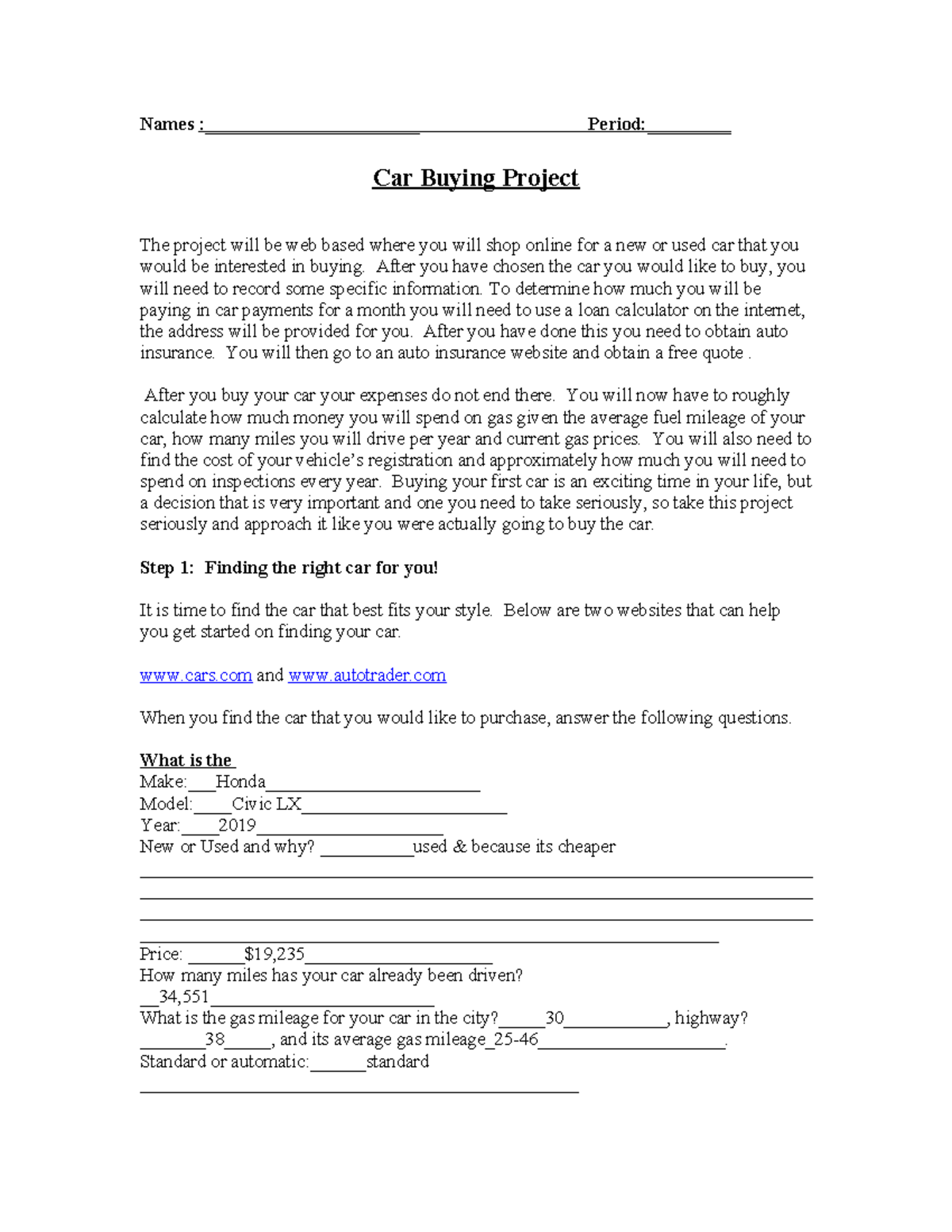 Car Buying Project: Analyzing Costs and Insurance Estimates - Studocu