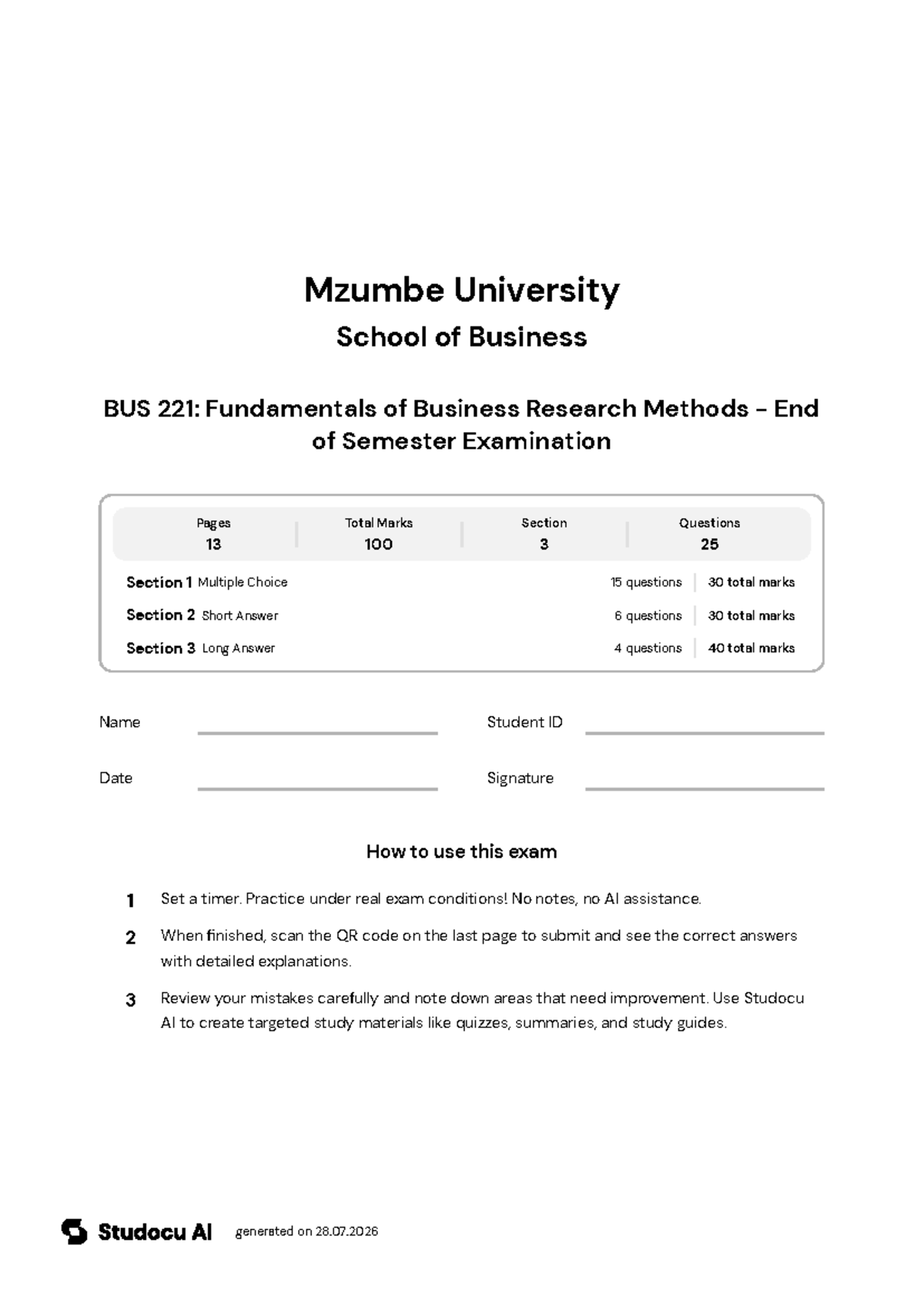 BUS 221: Final Exam - Business Research Methods - Studocu