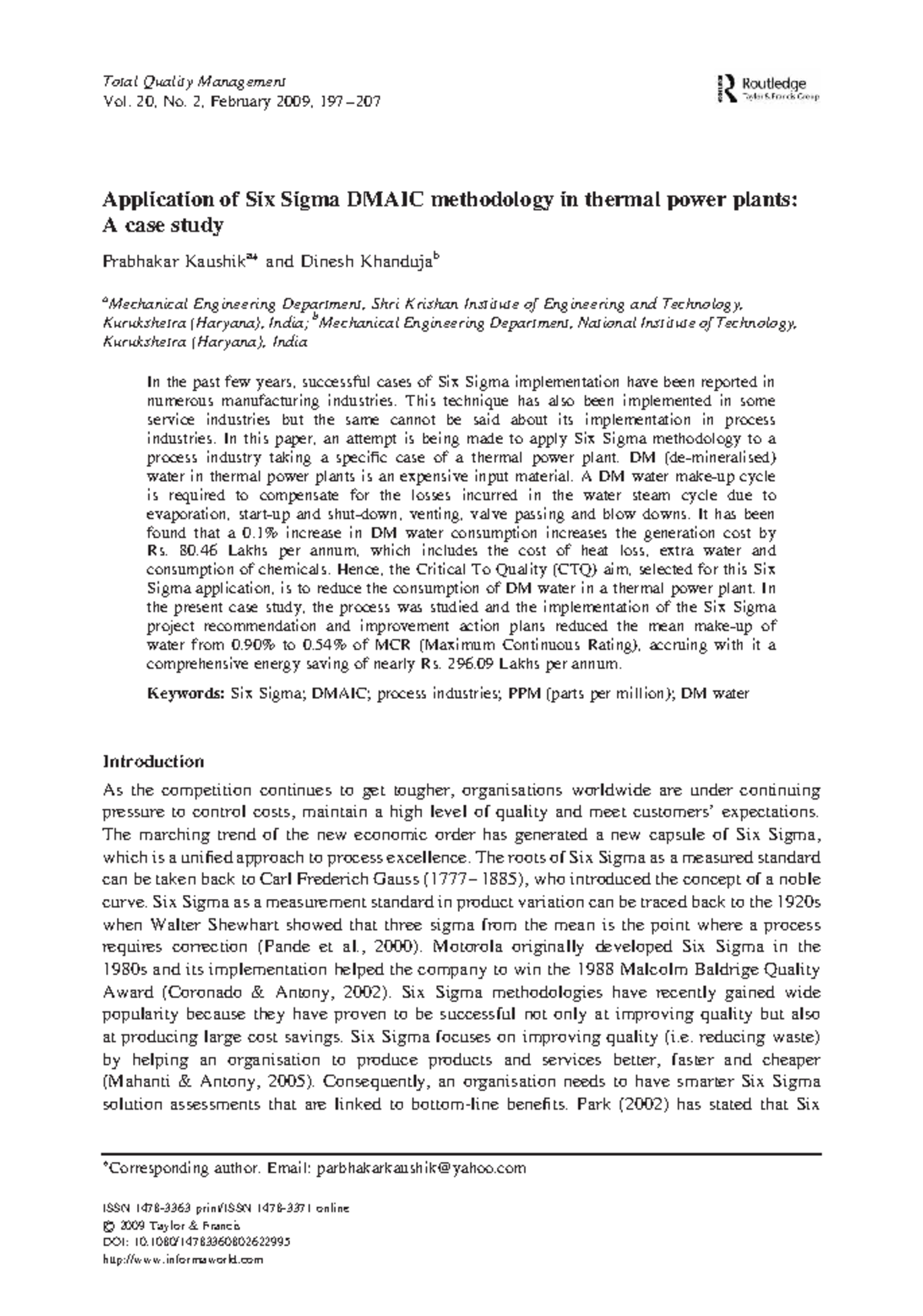Case Study 9 - Six Sigma DMAIC for Reducing DM Water Use in Thermal ...