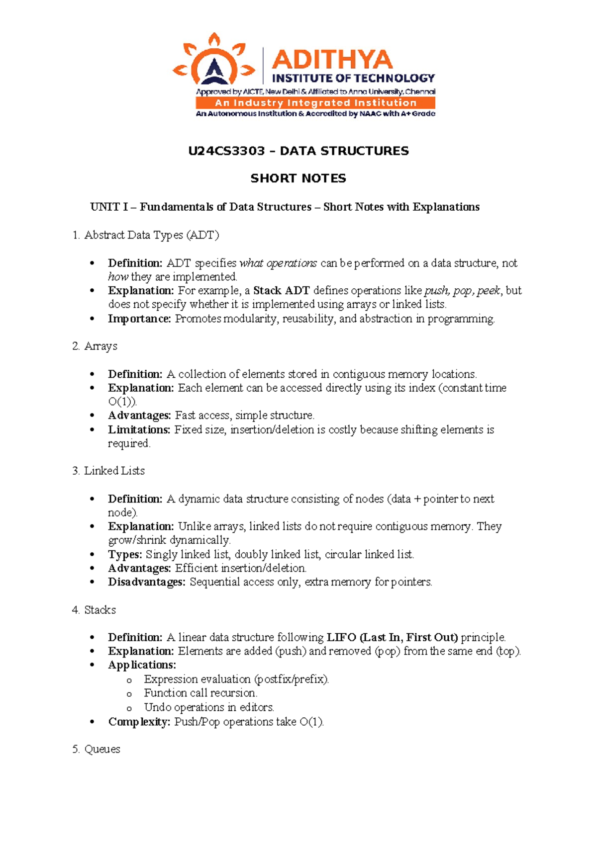 U24CS3303 DATA STRUCTURES UNIT I to V Short Notes Overview - Studocu