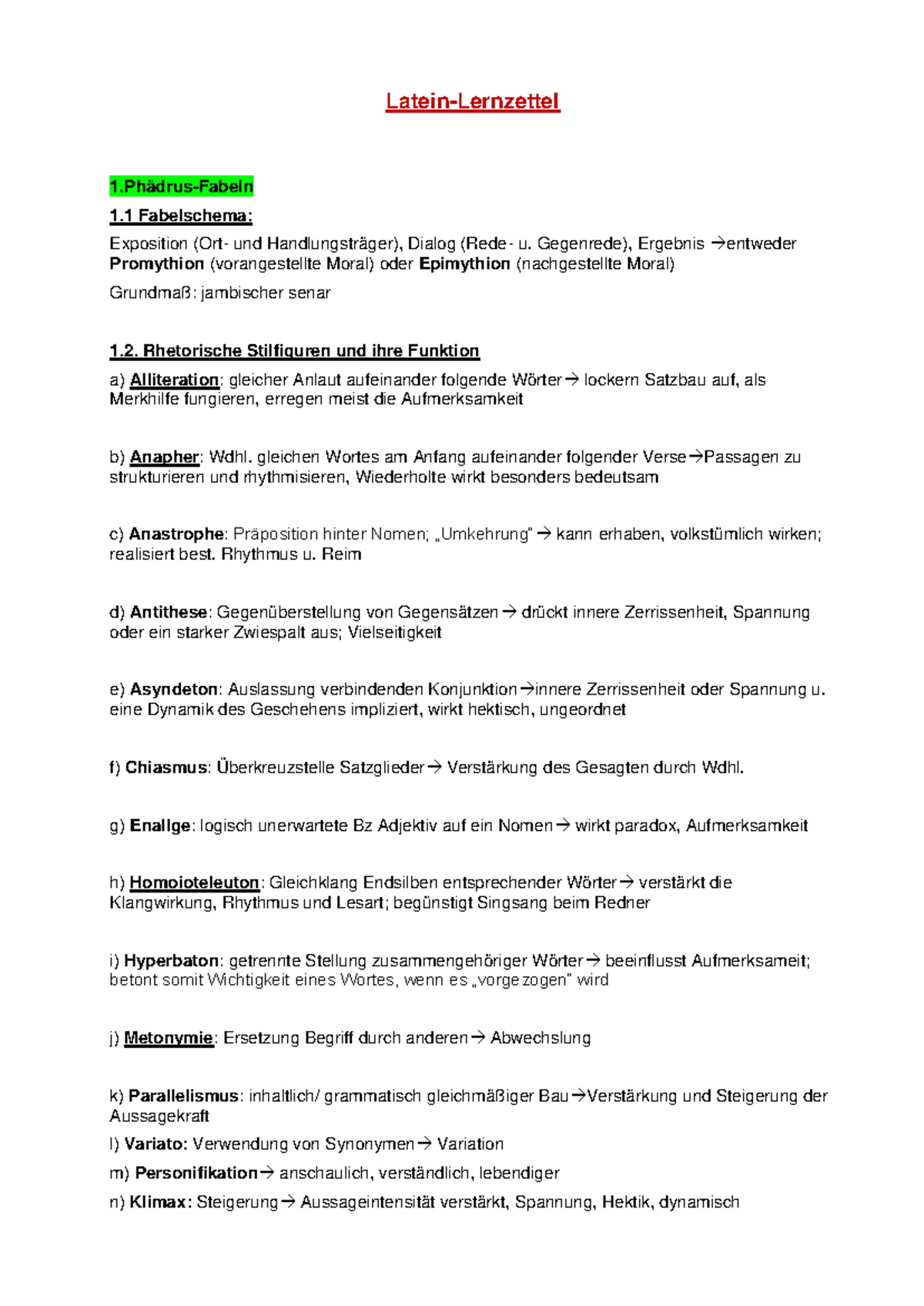 Latein Klassenarbeit 10: Fabeln und Stilmittel in Phädrus - Studocu