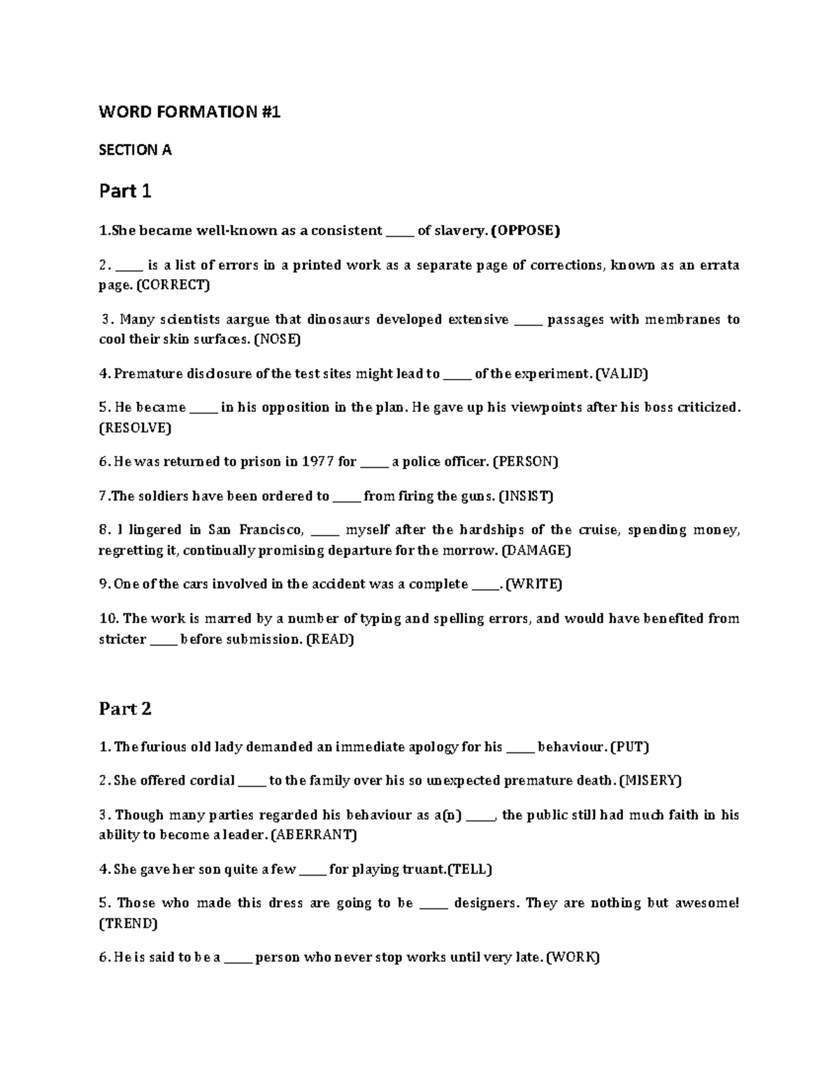WORD FORMATION EXERCISES (Part 1-18) - Studocu