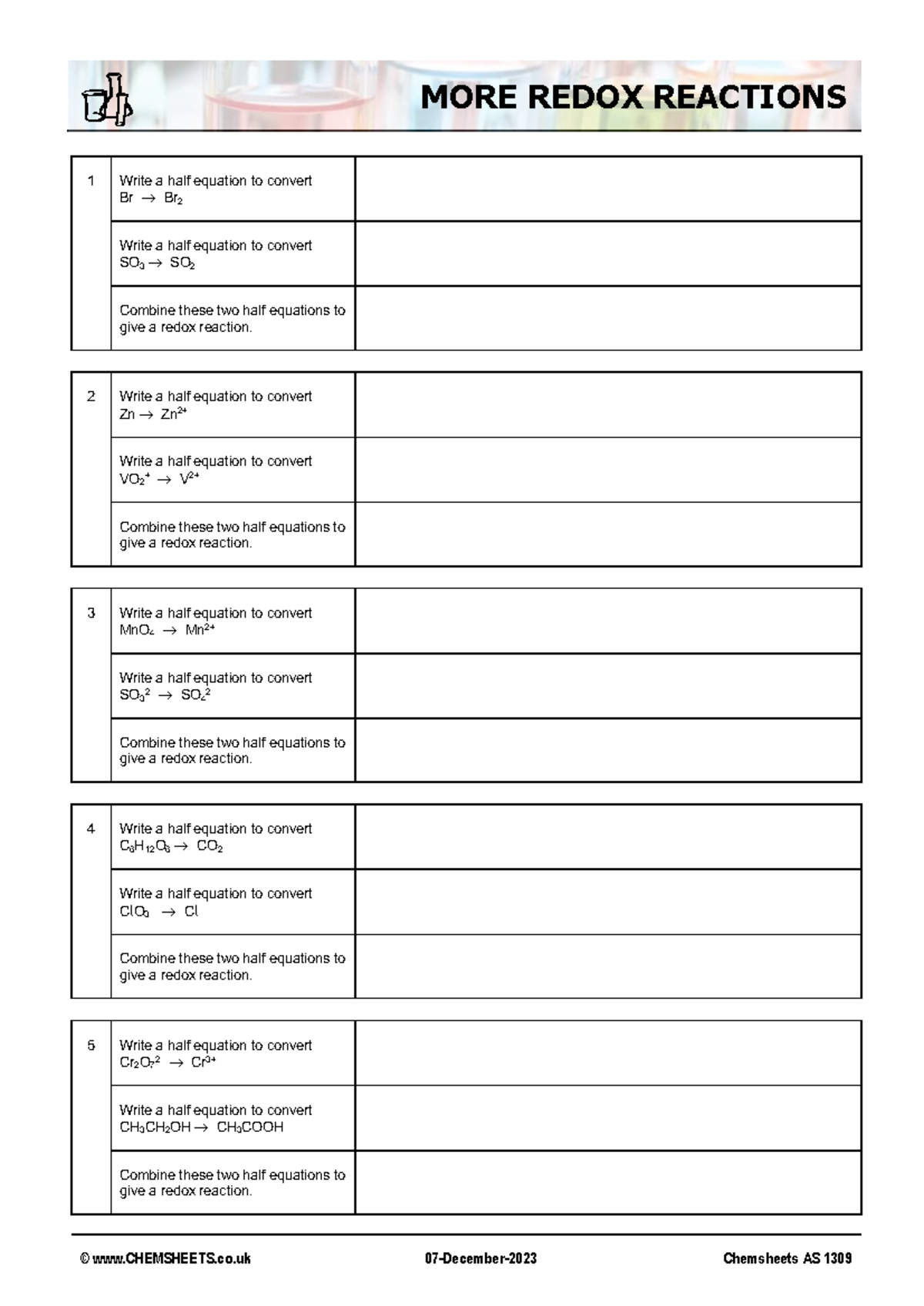 Chemsheets AS 1309: Redox Reactions Half Equations - Studocu