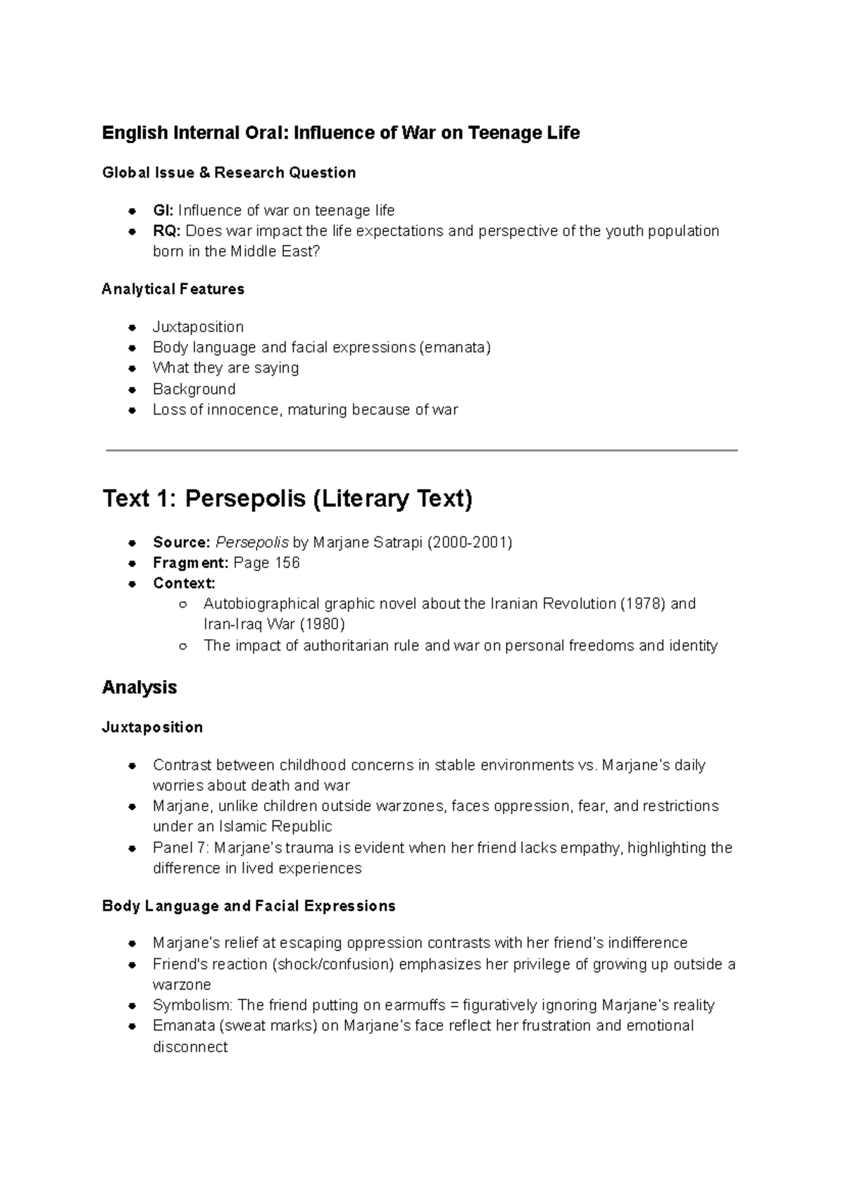 IB Internal Oral: Analyzing War's Impact on Youth in Literature - Studocu