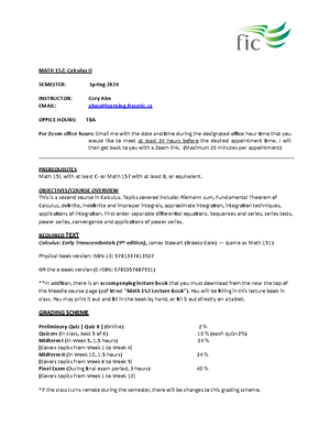 MATH 152: Calculus II Course Outline for Spring 2025 - Sec 02 - Studocu