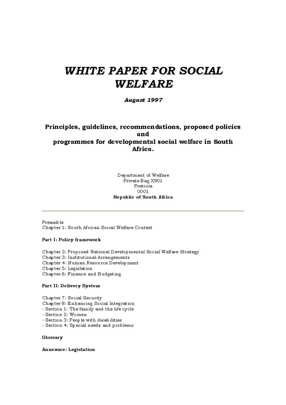 White Paper on Social Welfare: Principles & Strategies for Development - Studocu