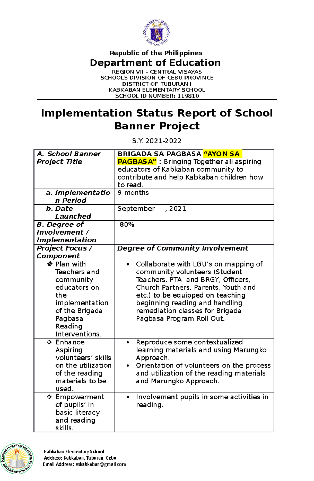 Implementation Status Report of the School Banner Project: S.Y. 2021 ...