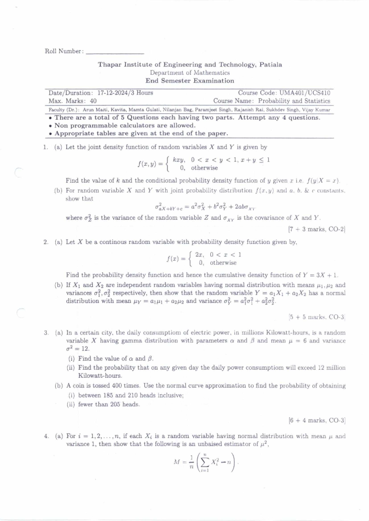 End Semester Exam: Probability and Statistics (UMA401) - Studocu