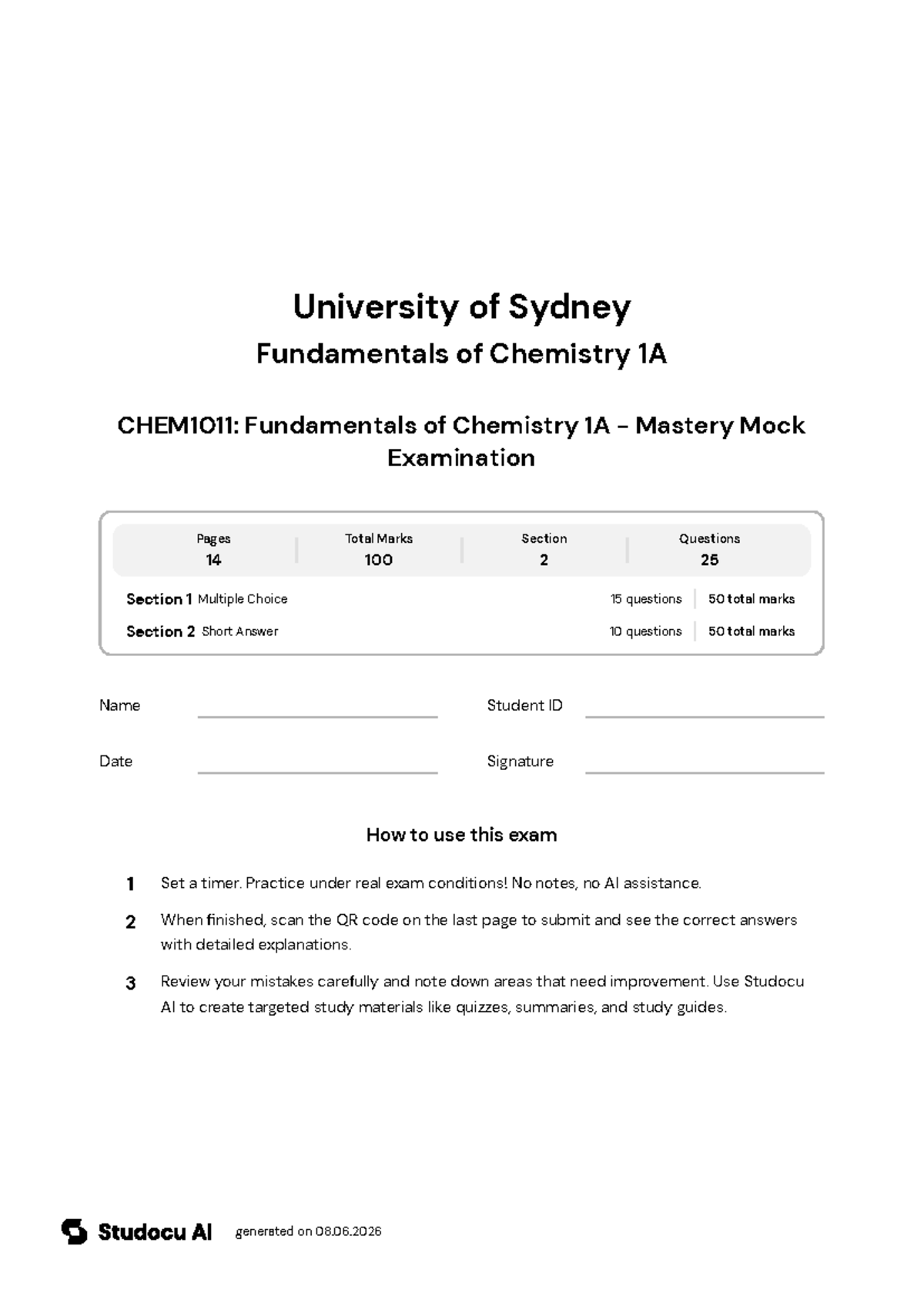 CHEM1011: Fundamentals of Chemistry 1A - Mastery Mock Exam - Studocu