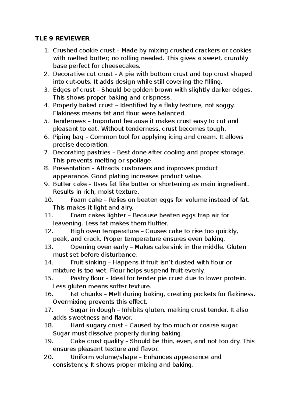TLE 9 Q3 Reviewer: Essential Baking Techniques and Crust Quality - Studocu