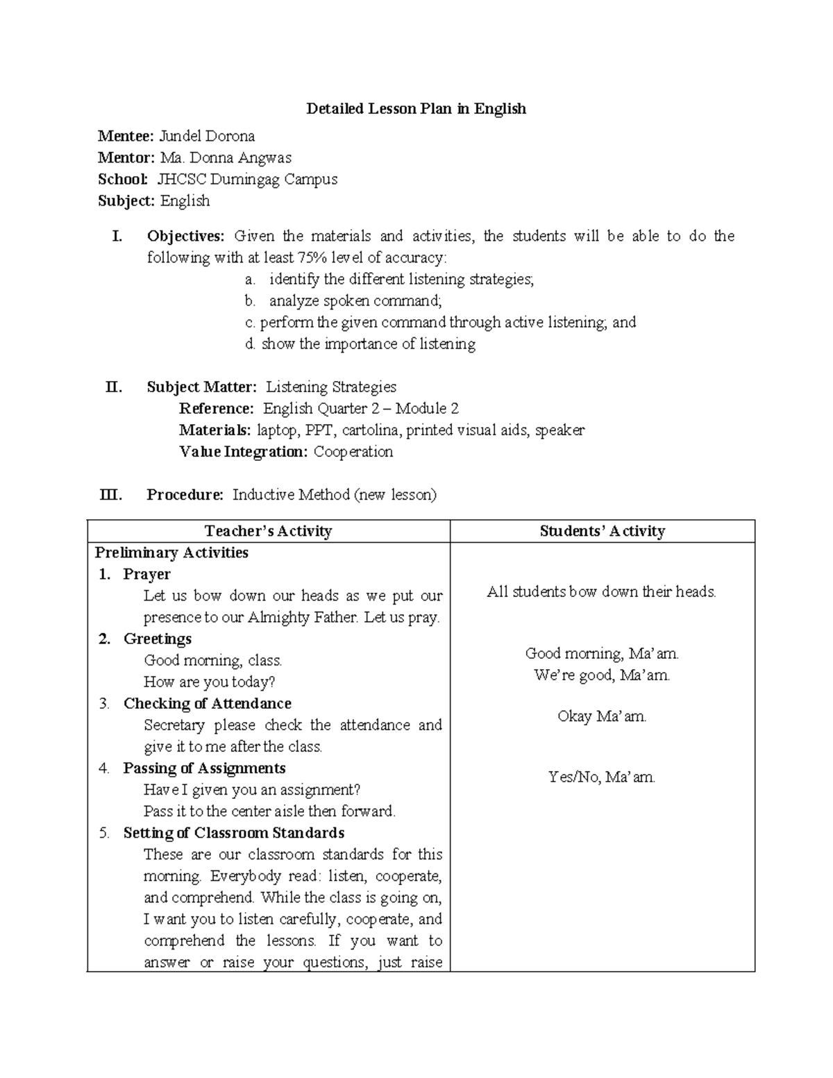 Detailed Lesson Plan: Listening Strategies for English I (JHCSC) - Studocu