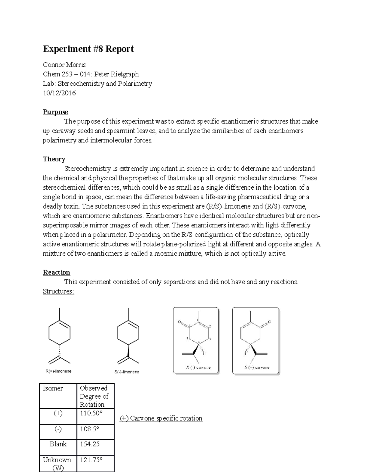Polarimetry Experiment Lab Report PDF) Physical Chemistry Lab Report
