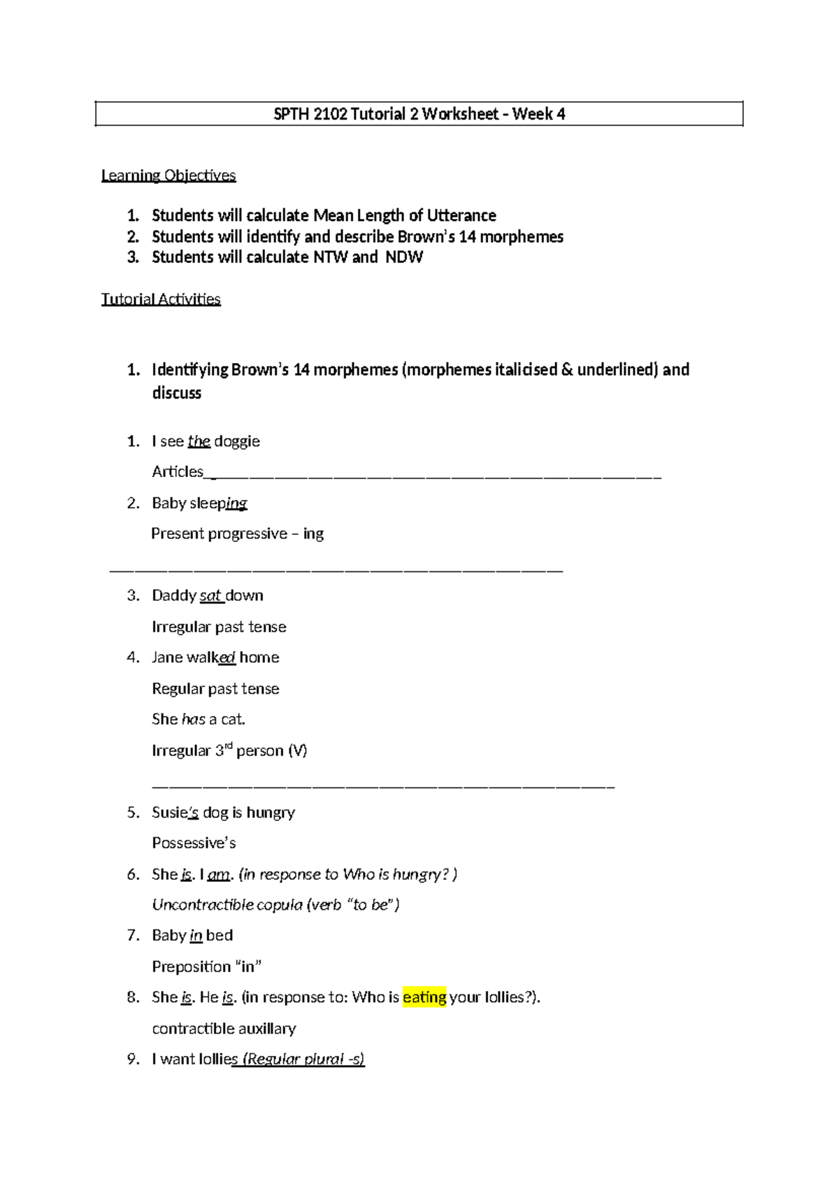 SPTH 2102 Tutorial 2: MLU, Morphemes & Lexical Diversity Analysis - Studocu
