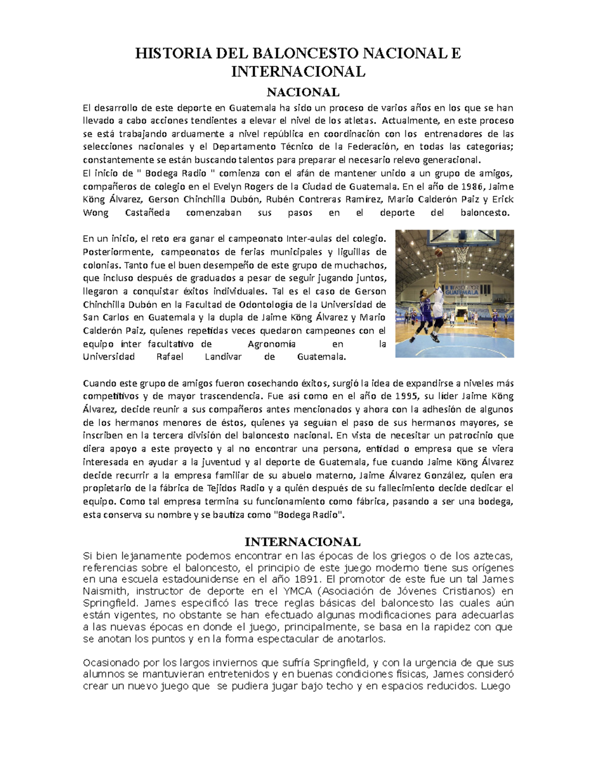 Historia del Baloncesto: Orígenes Nacionales e Internacionales - Studocu