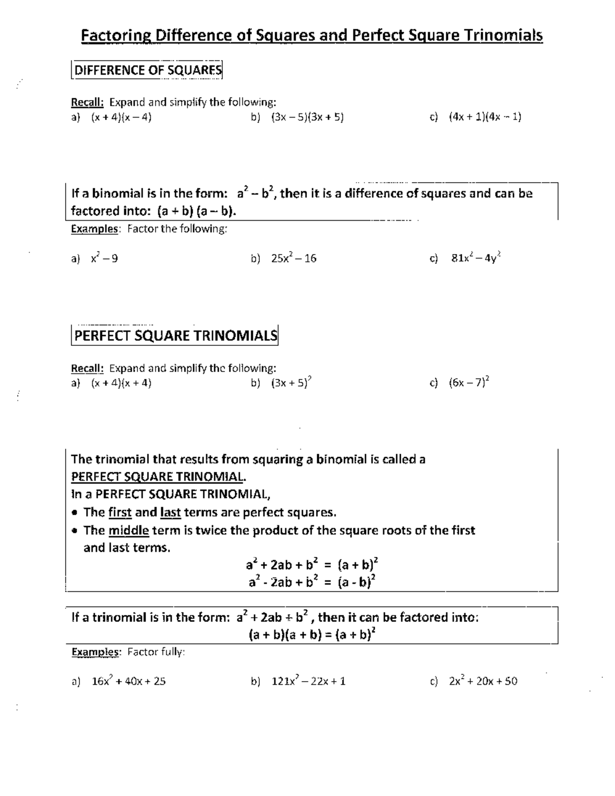Factoring Difference of Squares & Perfect Square Trinomials Handout ...
