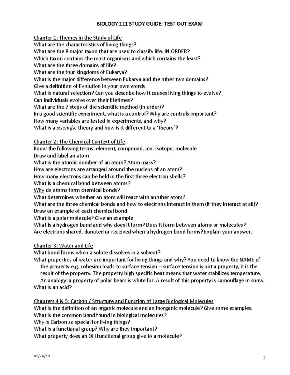 Bio111 - Comprehensive Test Prep Study Guide for Final Exam - Studocu