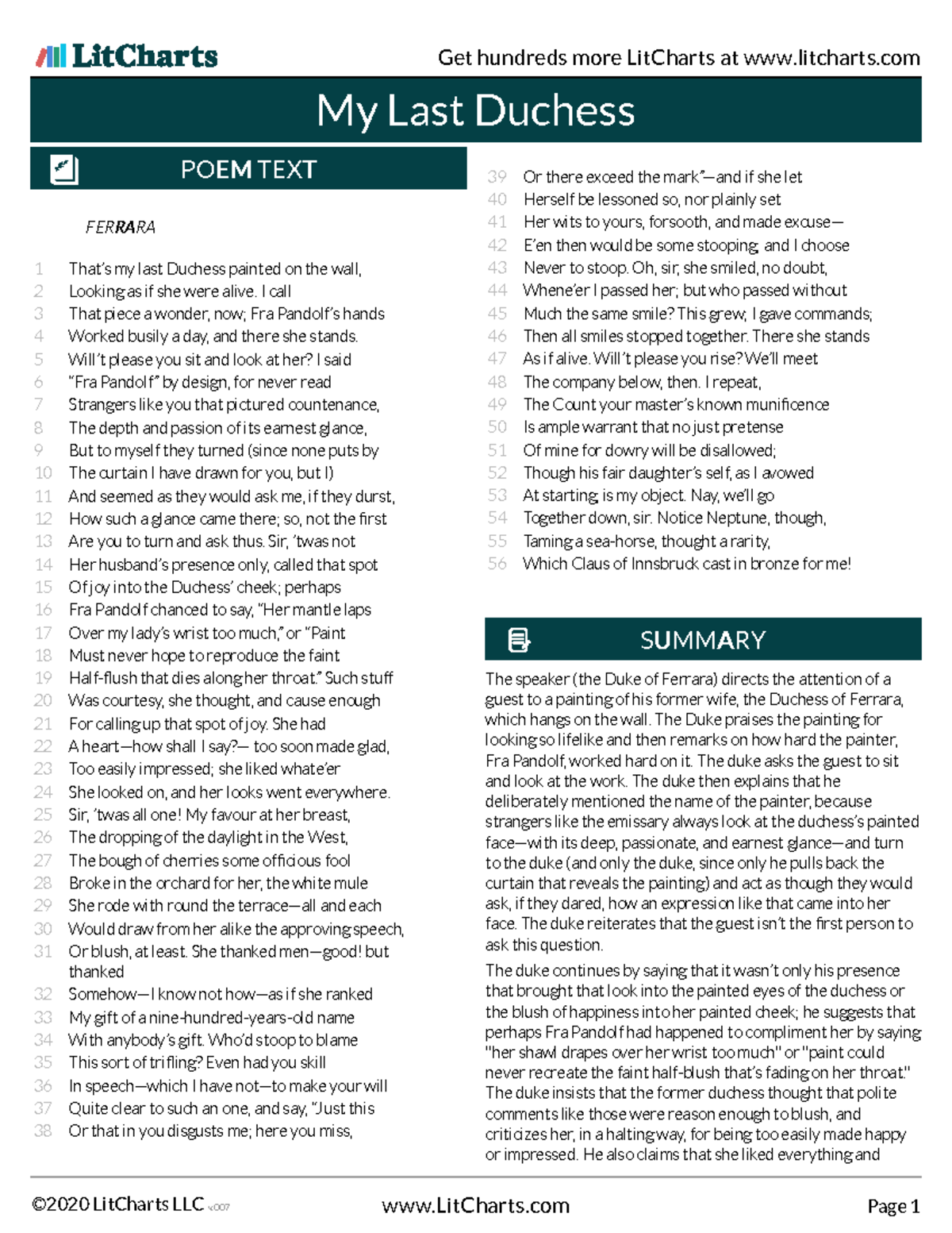 My Last Duchess - Literature Study Guide (LitCharts) - Studocu