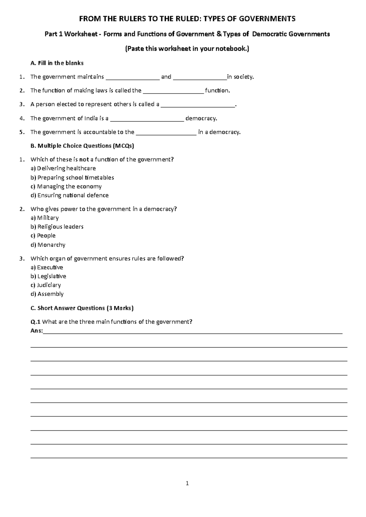 Types of Democratic Governments: Worksheet for Part 1 (3649) - Studocu
